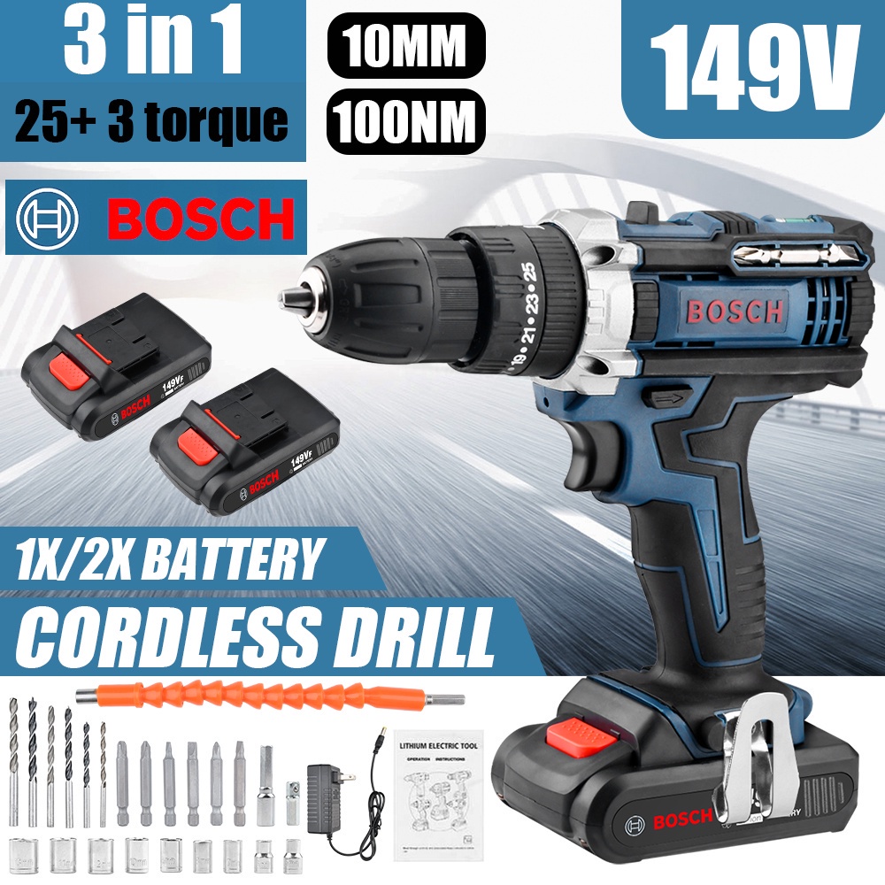 BOSCH สว่านไร้สาย 3ระบบ 149Vกระแทกได้รุ่นสาย ชาร์จ แบตเตอรี่2ก้อน ...