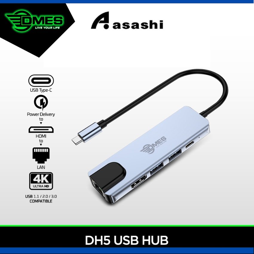 Dmes DH5 Type-C 5 in 1 อะแดปเตอร์ฮับ USB อเนกประสงค์ พร้อมพอร์ตขยาย USB 3.0 พอร์ต x2 พอร์ต HDMI ...