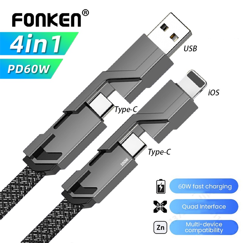 Fonken 4 in 1 สายชาร์จเร็ว PD60W USB-A Micro USB Type C สําหรับโทรศัพท์ ... Fonken 4 in 1 สายชาร์จเร็ว PD60W USB-A Micro USB Type C สําหรับโทรศัพท์ ...