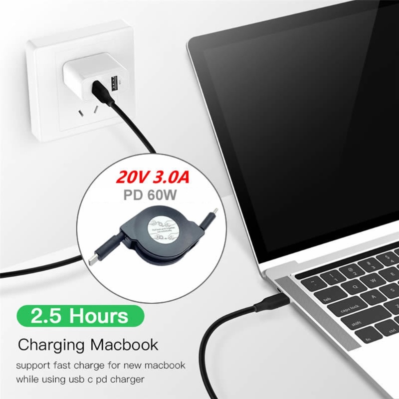 XU PD 60W USB C สายเคเบิลข้อมูลแบบยืดหดได้สําหรับ Type C สายชาร์จเร็ว ...