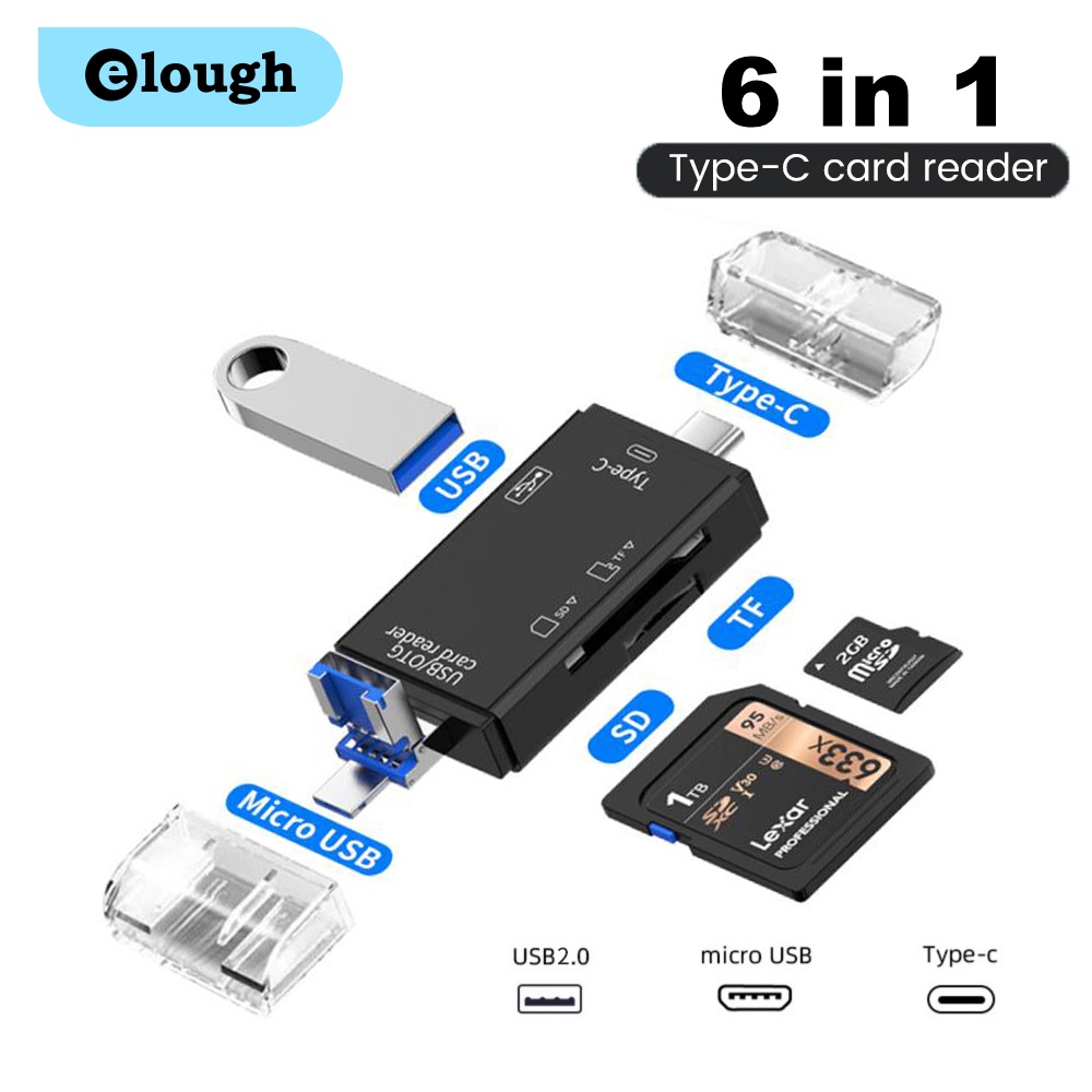 Elough 6 in 1 อะแดปเตอร์การ์ดรีดเดอร์ OTG Type C Micro USB Pen Drive TF SD USB2.0 อเนกประสงค์ ...