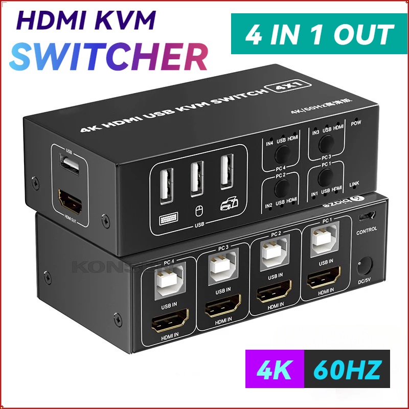 กล่องสวิตช์ HDMI KVM 4K 60Hz HDMI USB KVM เข้า 4 ออก 1 พร้อมตัวควบคุม ...