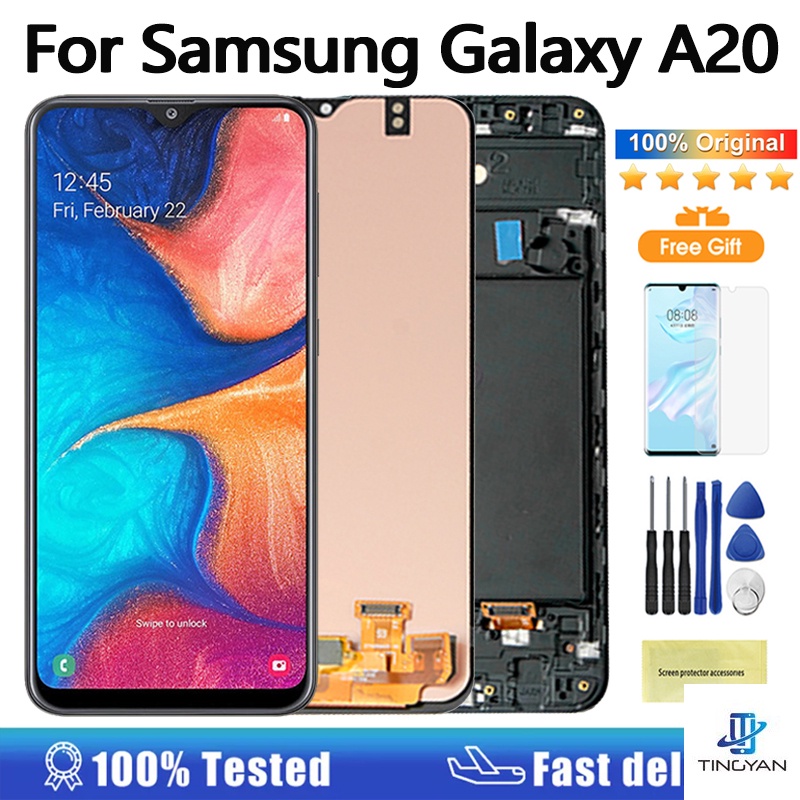 Super AMOLED หน้าจอสัมผัสดิจิทัล LCD สําหรับ Samsung Galaxy A20 A20 LCD ...