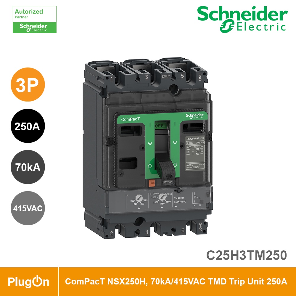 Schneider Circuit breaker ComPacT NSX250H, 70kA at 415VAC, TMD trip ...