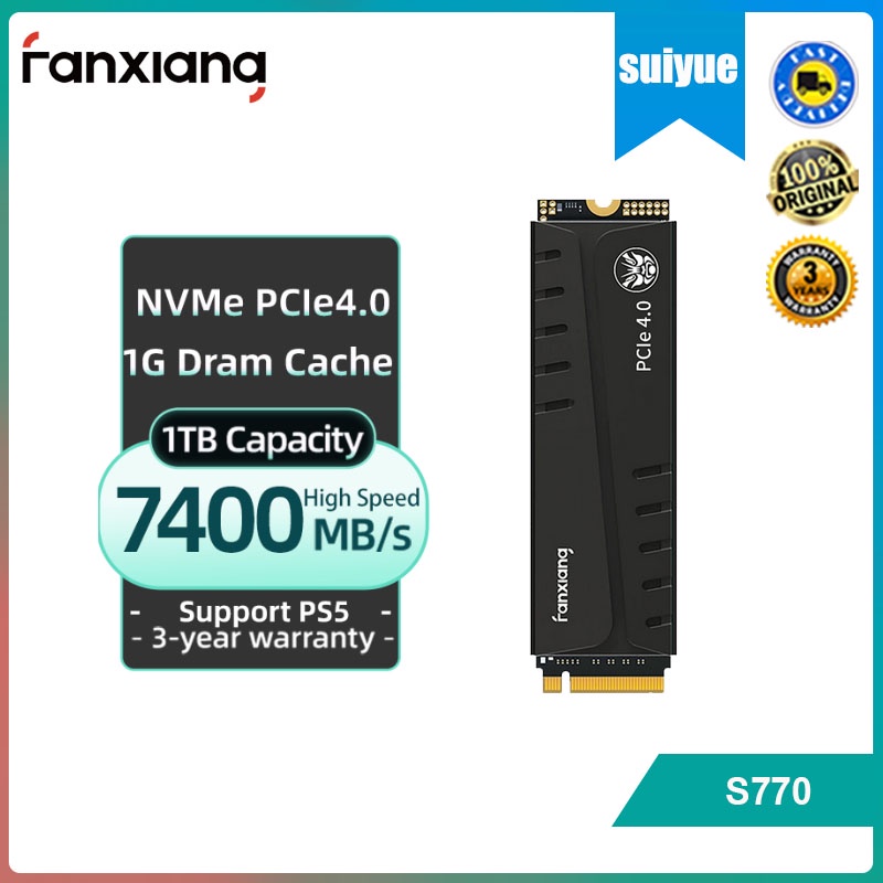 Fanxiang โซลิดสเตทไดรฟ์ภายใน S770 1TB 2TB PCIe 4.0 NVMe SSD M.2 2280 พร้อมฮีทซิงค์ 7300MB/s ...