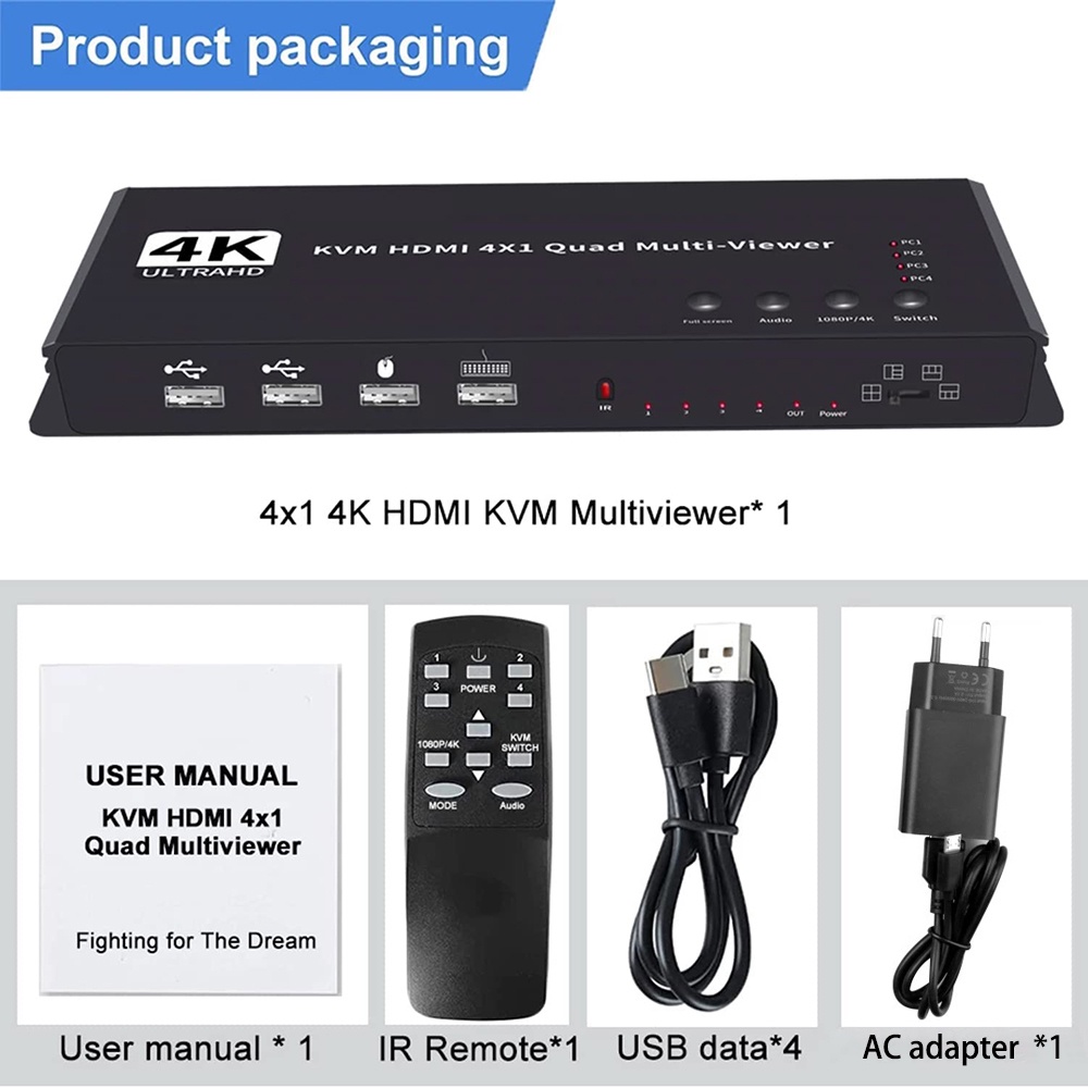 4k HDMI KVM สวิตช์ 4x1 Quad Multi Viewer 4 in 1 Out KVM HDMI โปรเซสเซอร์หน้าจอ Multiviewer ไร้ ...