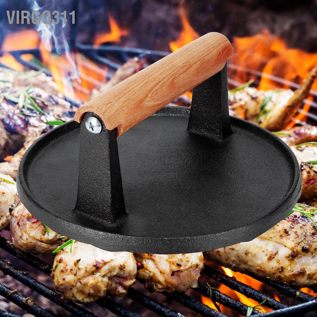 Virgo311 Round BBQ Tool Cast Iron Wooden Handle Steak Press Grill Roast ...