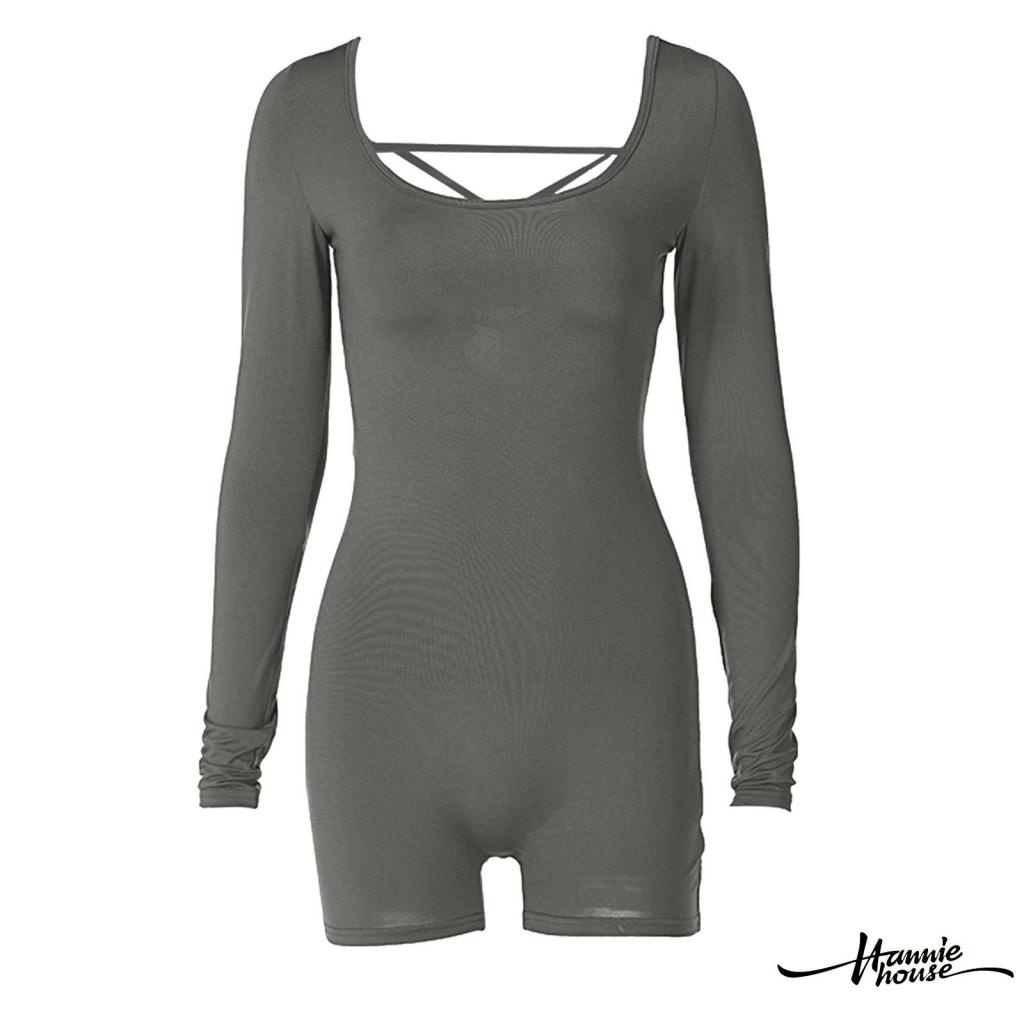 Hannie- ชุดจั๊มสูท รอมเปอร์ คอตัก แขนยาว กางเกงขาสั้น สีพื้น แฟชั่นฤดู ...