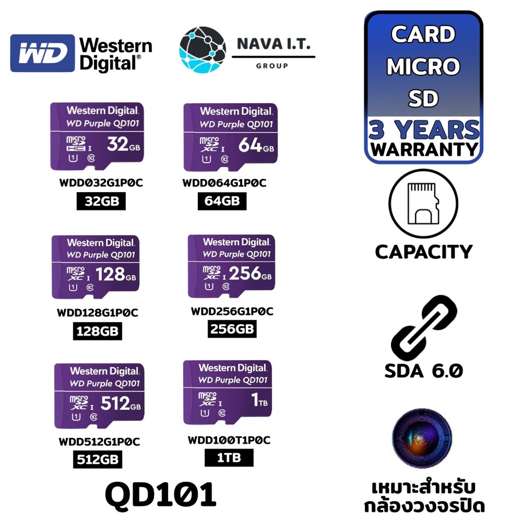 WD PURPLE SC QD101 32GB / 64GB /128GB /256GB / 512GB/ 1TB MICROSD MEMORY CARD รับประกัน 3ปี ...