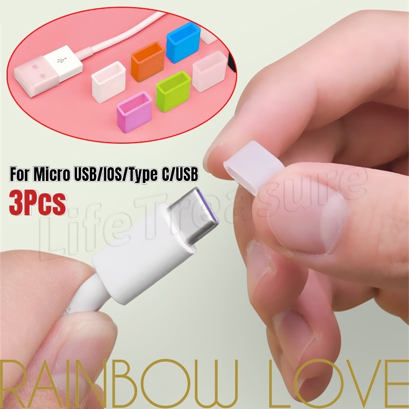 3 ชิ้น สําหรับ Micro USB/IOS/Type C/USB สายเคเบิลข้อมูล ปลั๊ก กันฝุ่น ซิลิโคน ฝาครอบ / ป้องกัน ...