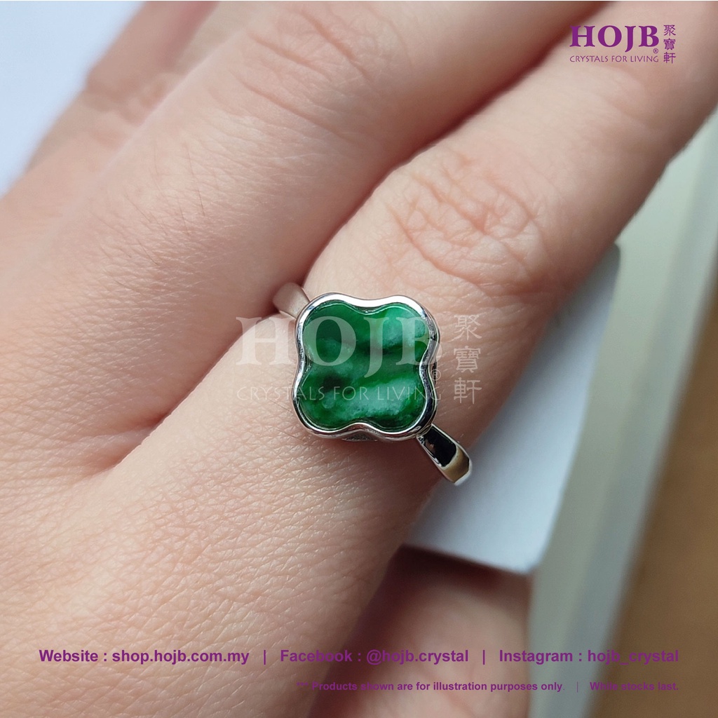 Hojb Myanmar Grade-A Green Jade Clover S925 Ring 10mm(ปรับขนาดได้) 聚宝优质 natural Complephine A ...