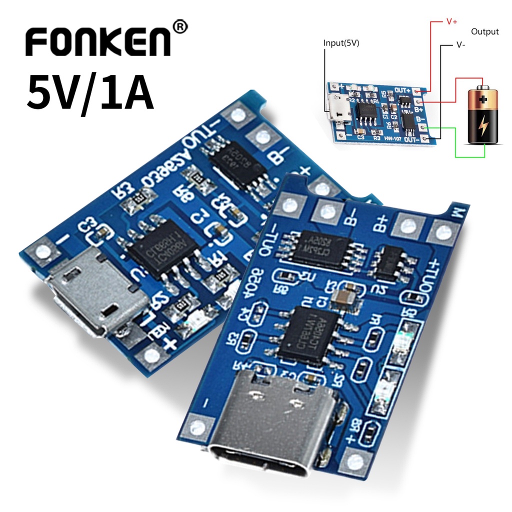 Fonken โมดูลชาร์จแบตเตอรี่ลิเธียม Micro USB Type-C 5V 1A 2 in 1 พร้อม ...