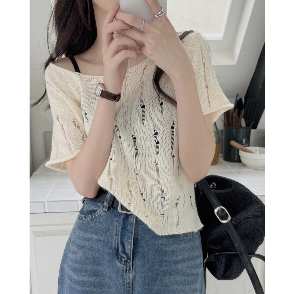 【WANG JIAO ZHAN】 เสื้อครอปท็อปแขนสั้น ผ้าถักกลวง สไตล์ต่างประเทศ【3383 ...