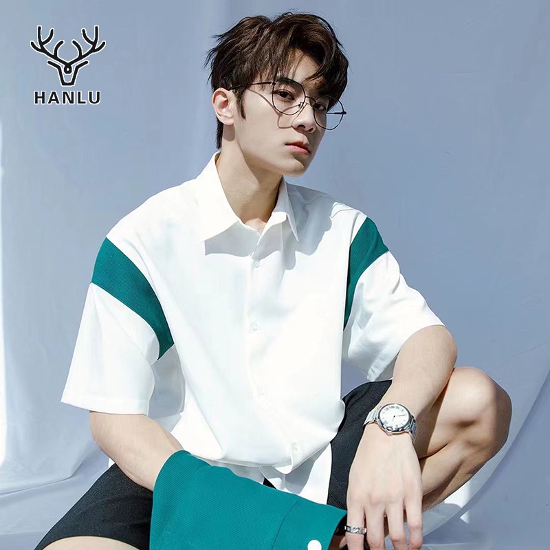 HANLU เสื้อเชิ้ตผู้ชาย เสื้อเชิ้ตสีขาวผู้ชายแขนสั้นบางสไตล์ฮ่องกงแฟชั่น ...