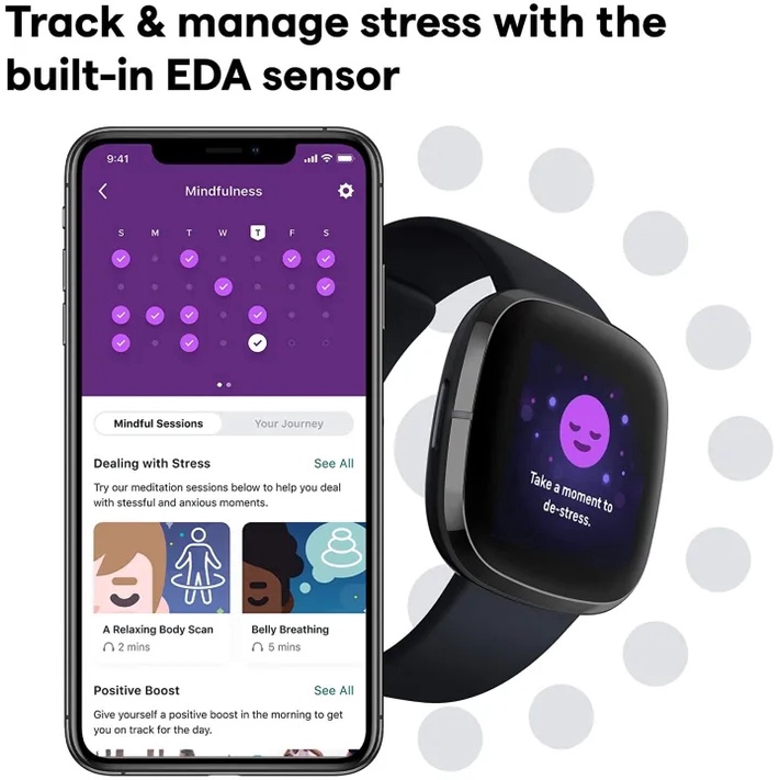 Fitbit Sense GPS Smartwatch จอแสดงผล AMOLED ในตัว GPS ติดตามความเครียด ...