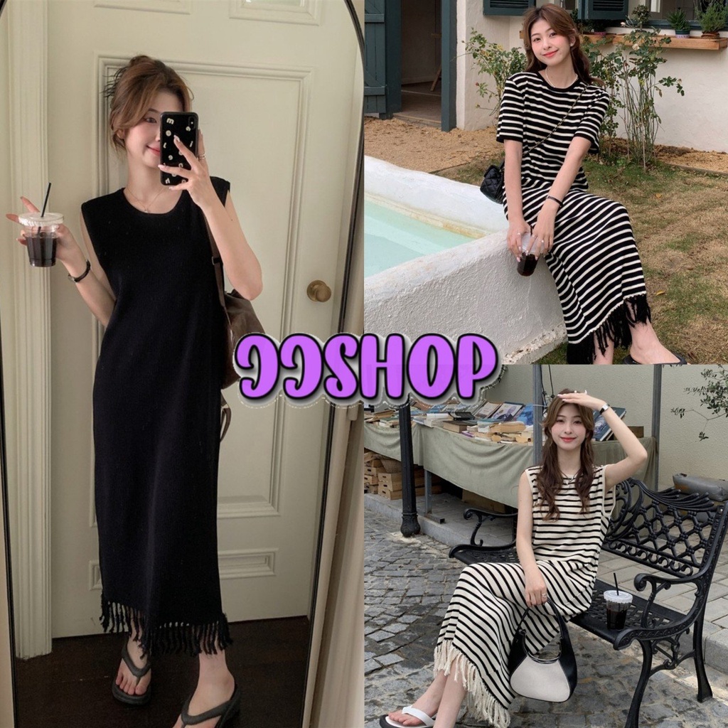 JJ shop💜 พร้อมส่ง ชุดเดรสแขนกุด ไหมพรมมี3สี มี2แบบลายทางและสีพื้น "29048" | Shopee Thailand