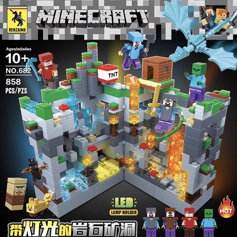 บล็อกตัวต่อเลโก้ รูป Minecraft พร้อมเงาไฟ ชุดตัวต่อมายคราฟกล่องสีเทา ...