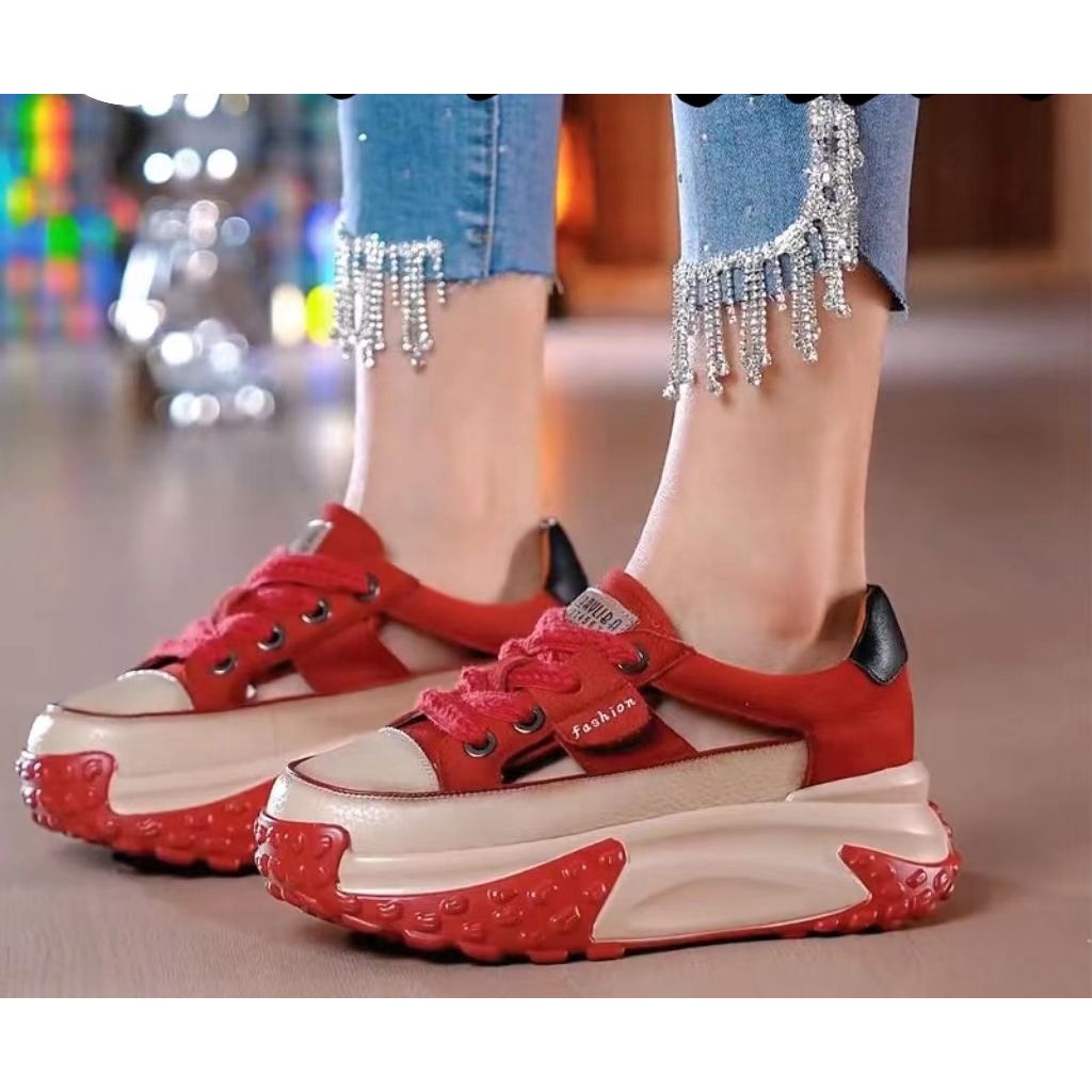 [Limited Time Seckill] รองเท้ากีฬาลําลอง หนังวัวแท้ พื้นหนา ระบายอากาศ ...