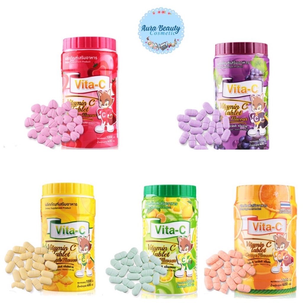Vita C Vitamin C ไวต้า ซี วิตามินซี 25g 1,000 เม็ด 5 รส ส้ม / มะนาว ...