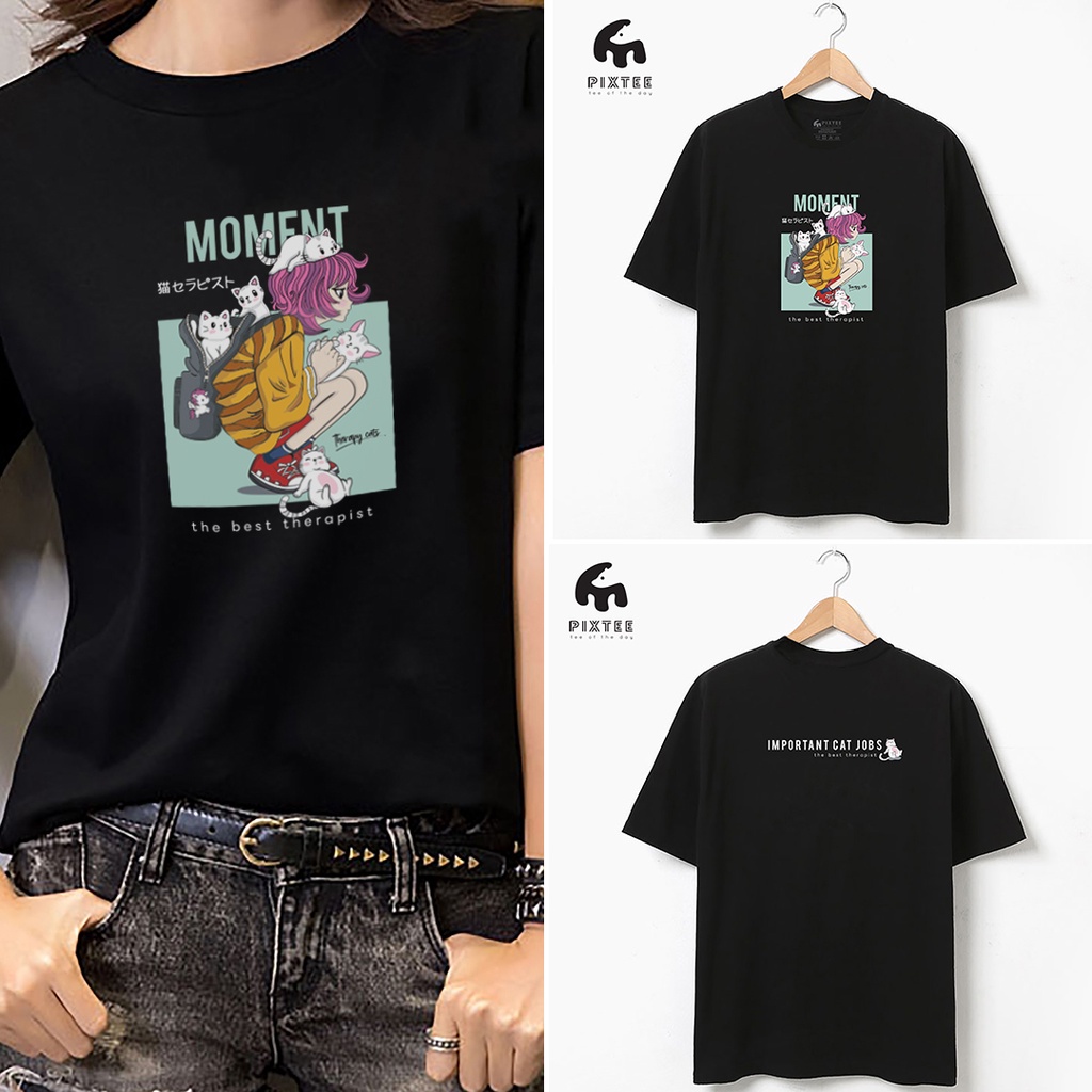 Pixtee Moment Girl and Cat F&B เสื้อยืดผ้าฝ้ายพรีเมี่ยมตัด Unisex ...
