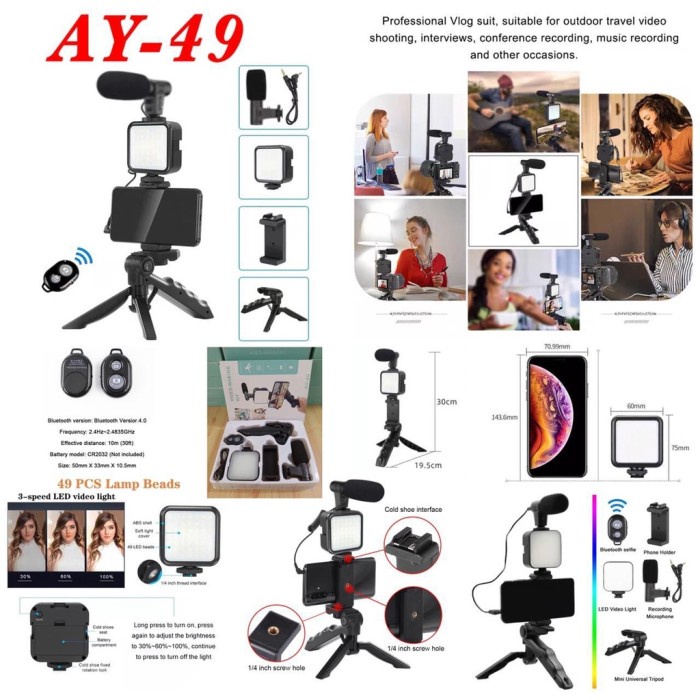 ซื้อไมโครโฟน TRIPOD AY-49 VIDEO MAKING GIT พร้อมไฟ LED โลโก้ AY49 | Shopee Thailand