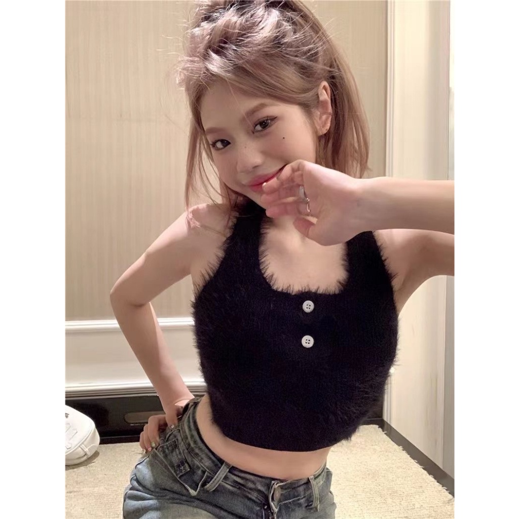 M1122 SBT เสื้อครอปตัดขนมิ้ง คล้องคอ กระดุมปลดได้ผ้าบางกำลังดี สาว S M ...