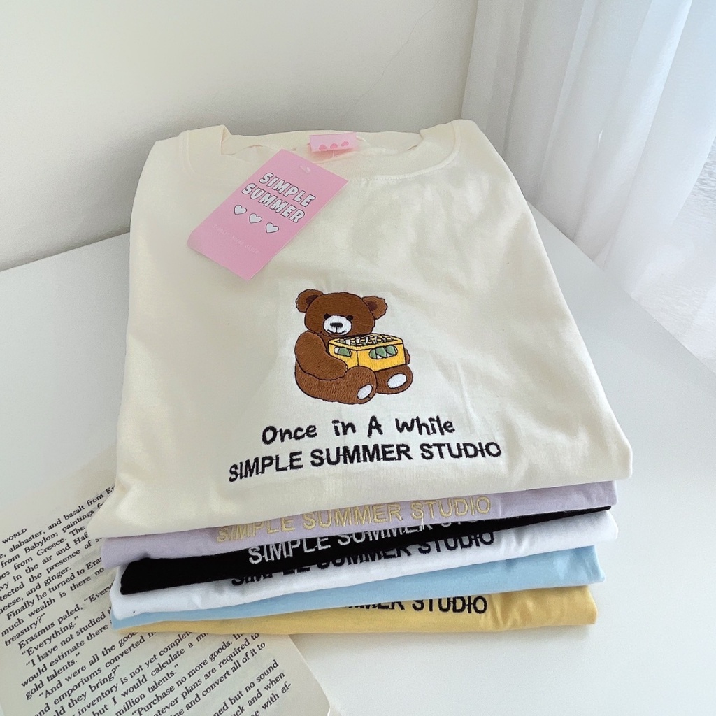 S252 เสื้อยืด oversize ผ้าคอตตอน ปัก น้องหมีถือลัง | Shopee Thailand