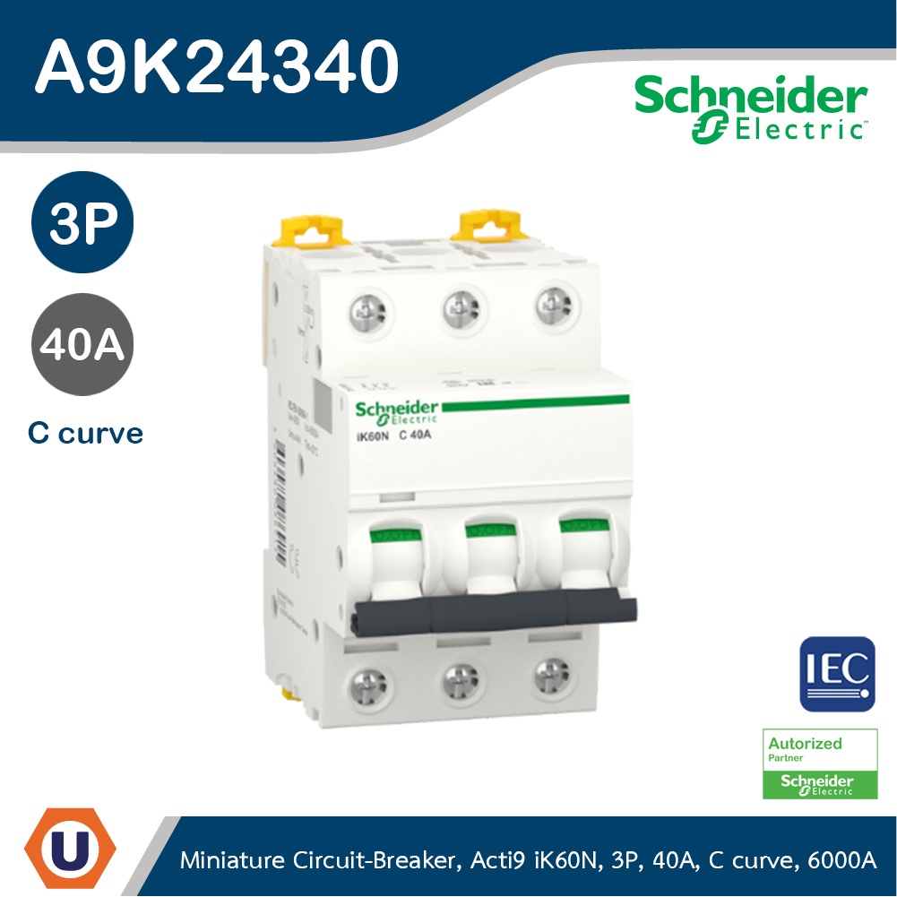 Schneider Electric Miniature circuit-breaker, Acti9 iK60N, 3P, 40 A, C curve, 6kA l A9K24340 ...