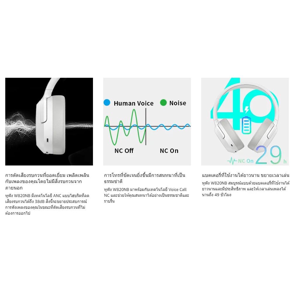 หูฟัง EDIFIER W820NB สีดำ Bluetooth Active Noise Cancelling / Black / ประกันศูนย์ไทย 1ปี ...