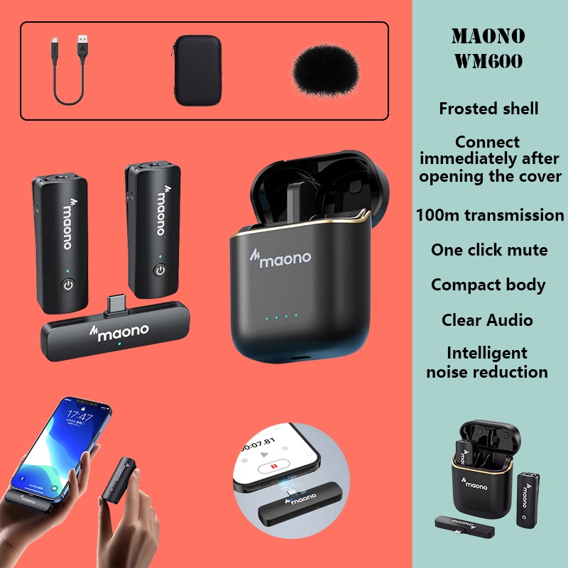 Maono WM600 ไมโครโฟนไร้สาย พร้อมกล่องชาร์จ ลดเสียงรบกวน สําหรับถ่ายทอดสด กล้องมือถือ | Shopee ...