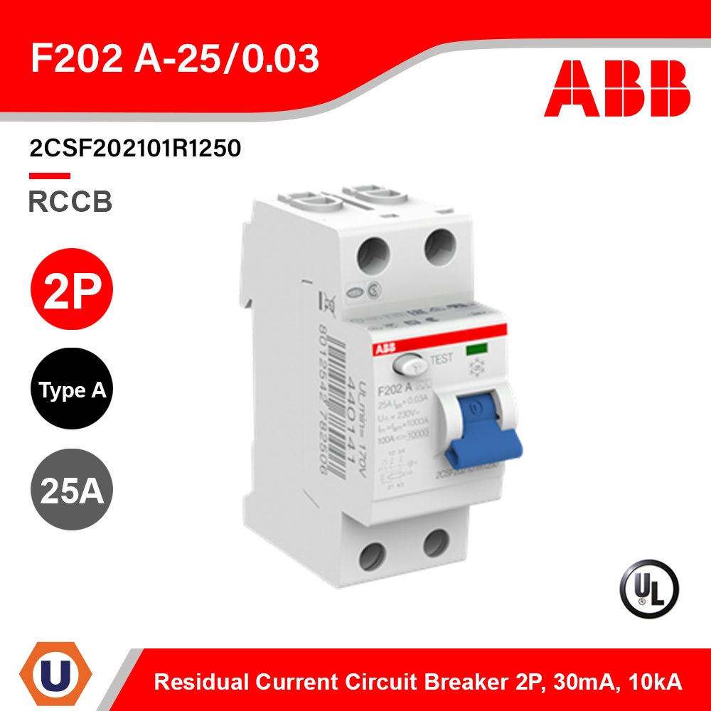 ABB F202 A-25/0.03 Residual Current Circuit Breaker (RCCB) 2P, TypeA, 30mA, 25A รุ่น F200 l ...