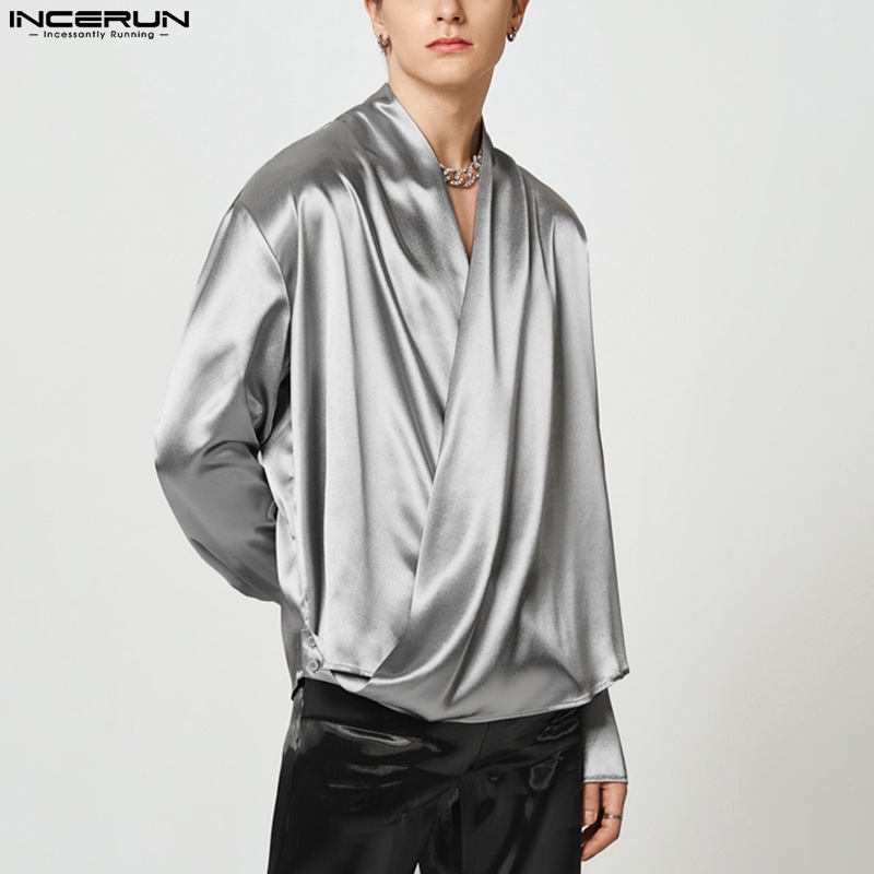 Incerun เสื้อเชิ้ตแขนยาว คอกอง แฟชั่นสําหรับผู้ชาย | Shopee Thailand