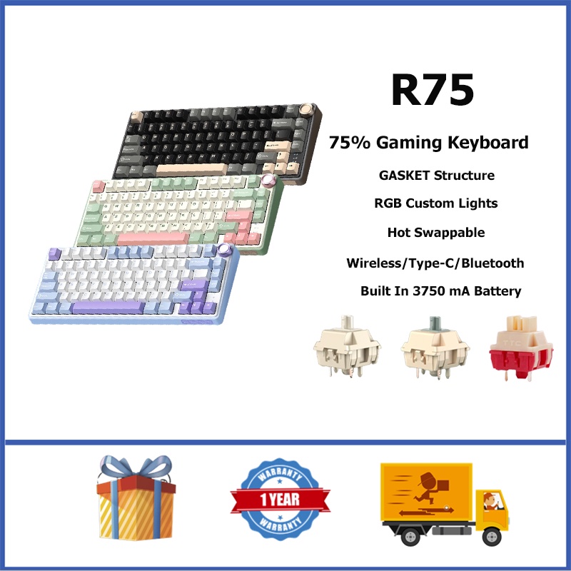 Rk R75 คีย์บอร์ดเกมมิ่งไร้สาย 75% ไฟ RGB พร้อมลูกบิด | Shopee Thailand