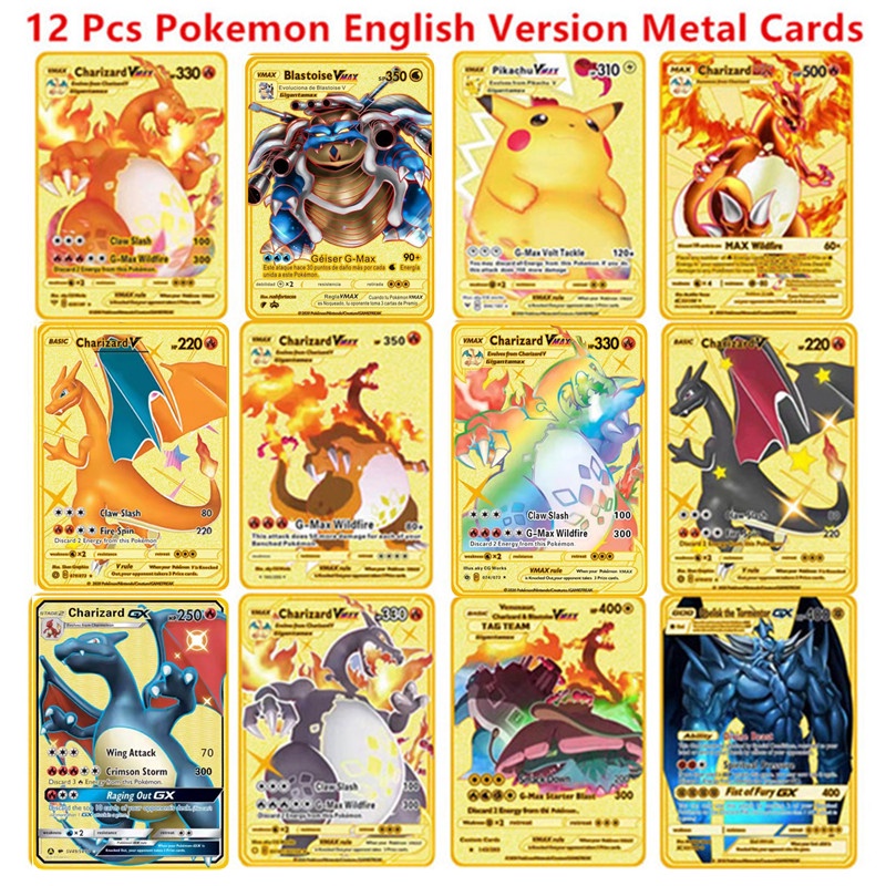 6-12 Pcs/Set English Version Pokemon Metal Card Pikachu Anime Figure ...