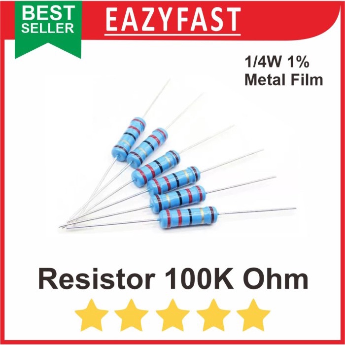 ตัวต้านทาน R 100 K 100K R100K Ohm 1/4W 1/4 วัตต์ฟิล์มโลหะ Blue DIP 1% ...