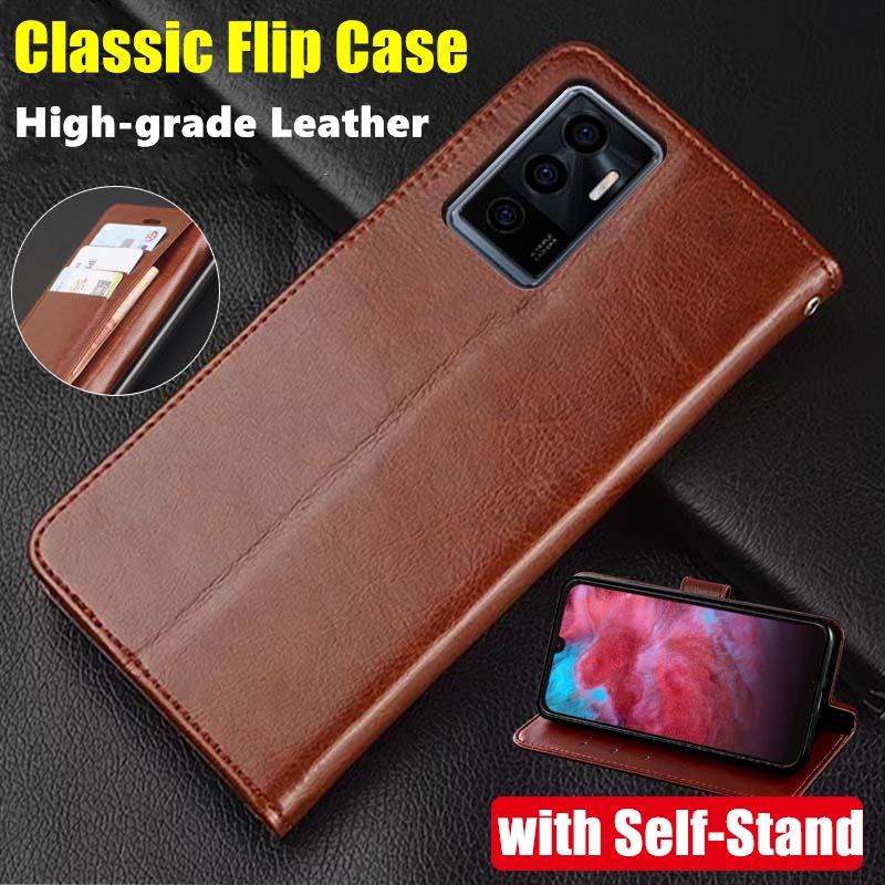 เคสหนังวัวแท้ ฝาพับ พร้อมช่องใส่บัตร ขาตั้ง สไตล์วินเทจ สําหรับ Vivo ...