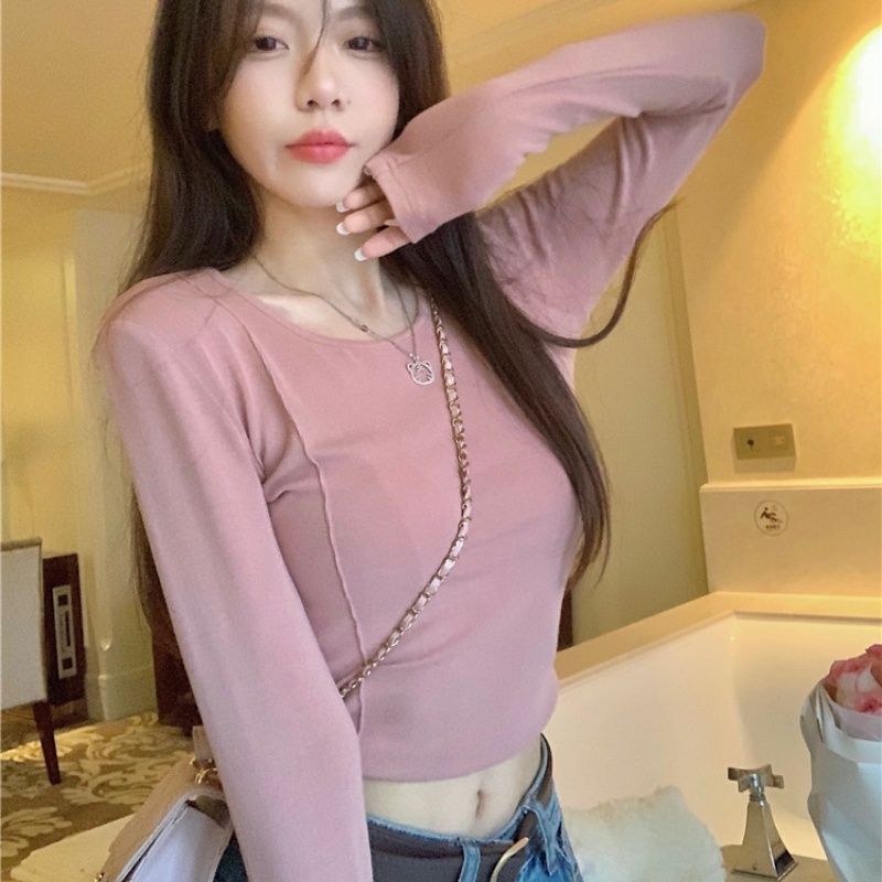 【WANG JIAO ZHAN】 เสื้อยืดแขนยาวผู้หญิงแฟชั่นเกาหลีสีทึบคอกลมบาง【6894 ...