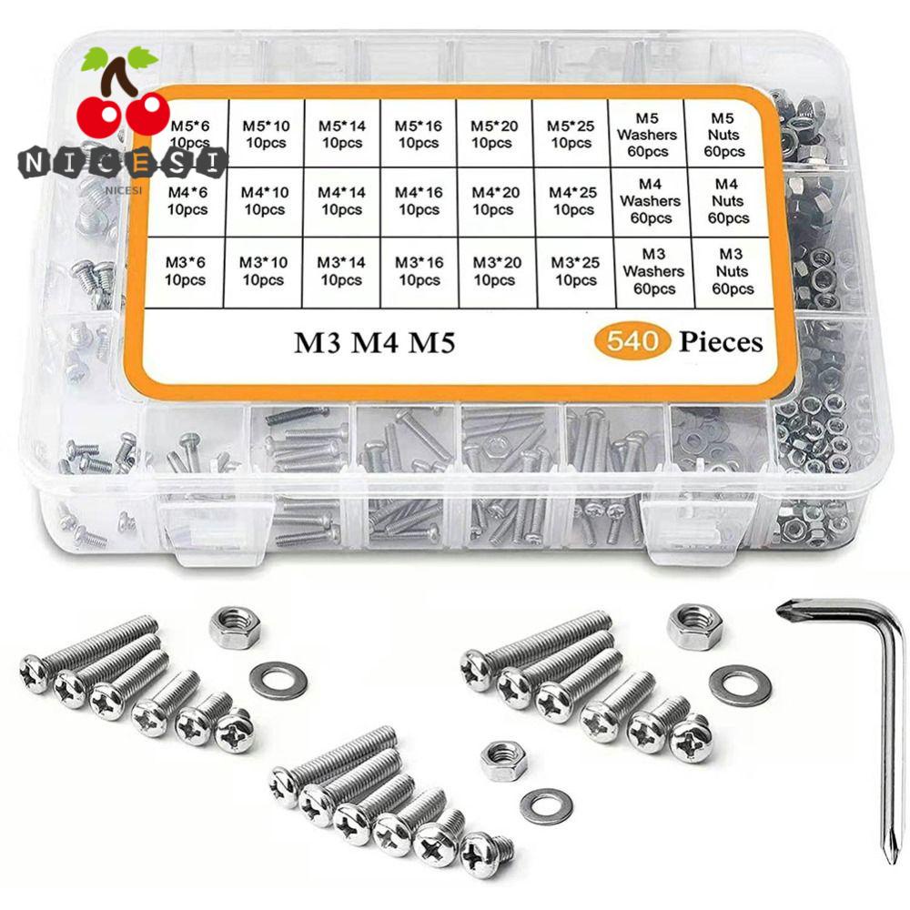 Nicesi 540 ชิ้น|ชุดสกรูหัวกระทะ สเตนเลส 304 M3 M4 M5 น็อต 6-25 มม. และสลักเกลียว | Shopee Thailand
