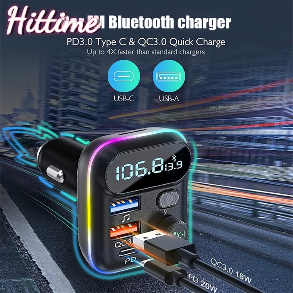 Hittime เครื่องส่งสัญญาณ FM อะแดปเตอร์ในรถยนต์ไร้สายบลูทูธ 5.0 วิทยุชุดรถ Type-C PD + QC3.0 Fast ...