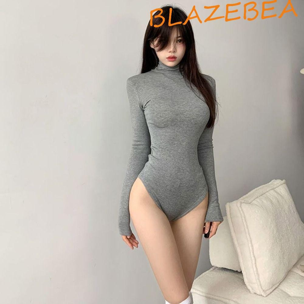 Blazebea กางเกงขาสั้น Romper, จั๊มสูทแขนยาวเรียบง่ายทุกการแข่งขัน, แฟชั่นคอปกสูง Slim Fit เสื้อ ...