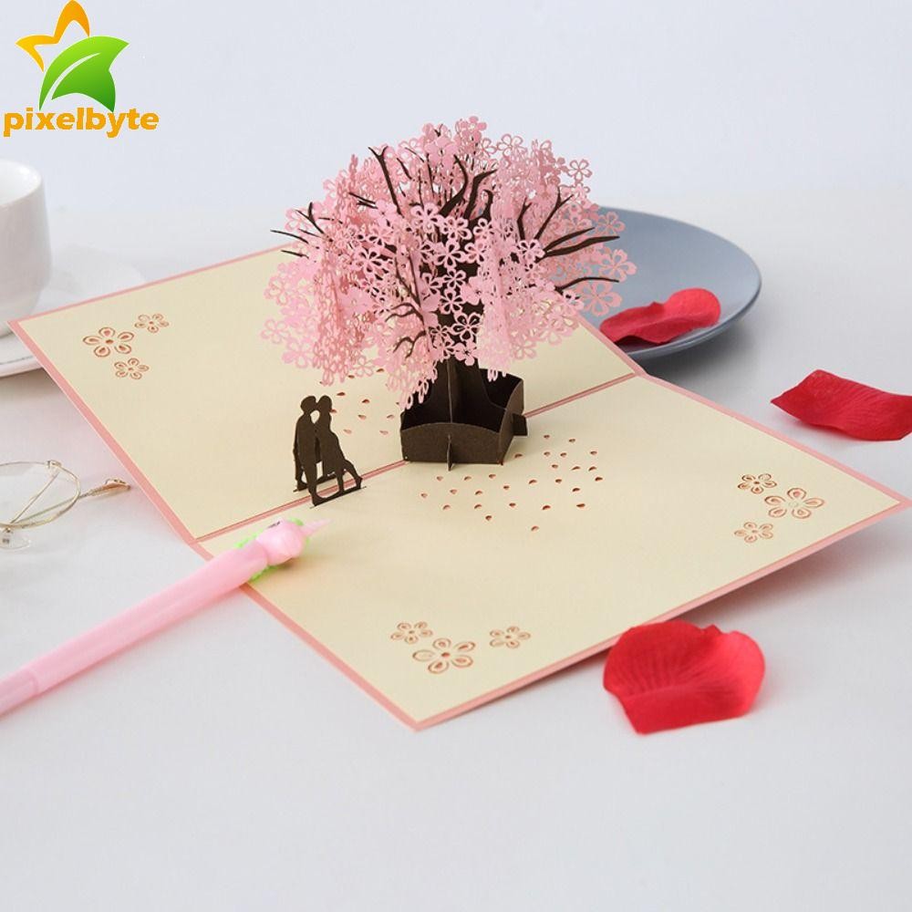Pixelbyte การ์ดอวยพรต้นไม้ Cherry Blossom, โรแมนติกพับได้ 3D Pop Up การ์ดอวยพร,กระดาษการ์ด ...