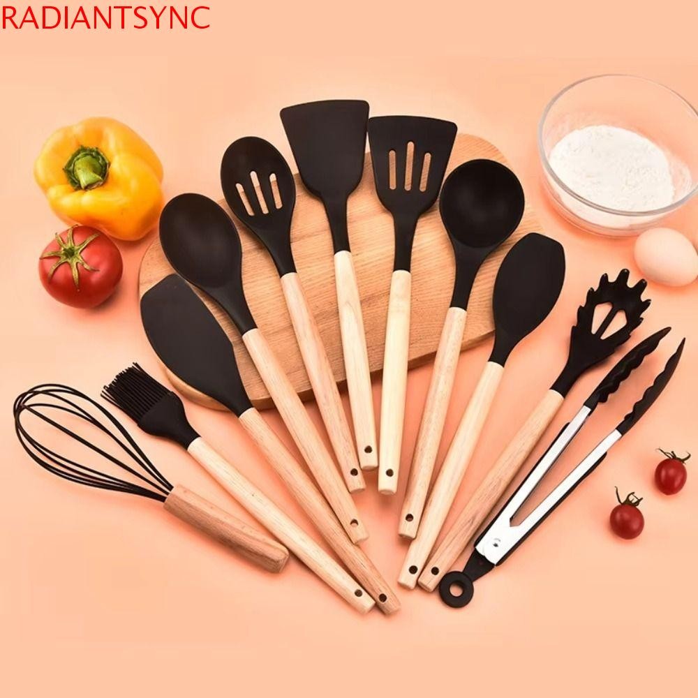 Radiantsync 12 ชิ้นชุดเครื่องครัวซิลิโคนที่ใช้งานได้จริง, ปฏิบัติไม่ติดด้ามไม้ช้อนตวงเครื่องมือ ...