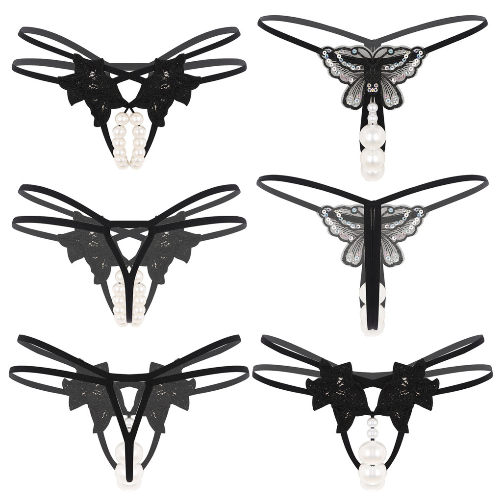Nikiikoo สตรี Faux Pearls G-String Thongs สปาเก็ตตี้เข็มขัดเปิดเป้า T ...