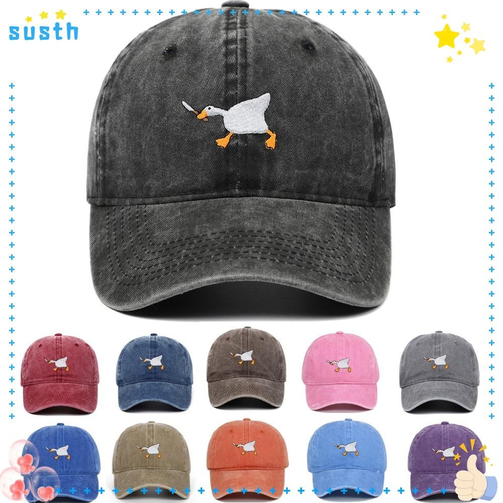 SUSTH หมวกเบสบอลห่านสีขาว หมวก_trucker_ปักลาย แฟชั่นหมวกลิ้นเป็ดแบบปรับ ...