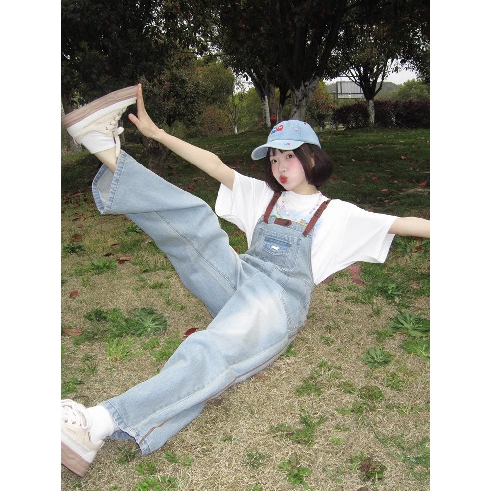 กางเกงเอี๊ยมยีนส์ผู้หญิง2024ใหม่สไตล์ฝรั่งเศส Platycodon First Love ...