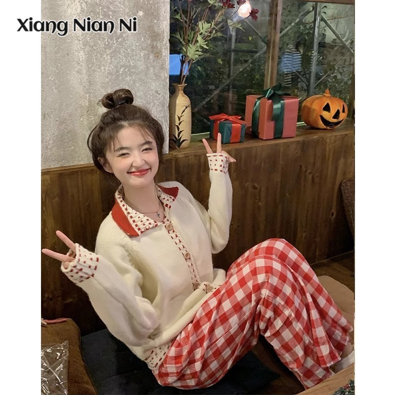 Xiang Nian Ni ถักเสื้อกันหนาวของผู้หญิง Retro Contrast สีหลวมอารมณ์หวานเสื้อสเวตเตอร์ถักปก ...