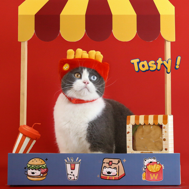 หมวกแมวสัตว์เลี้ยง Burger Headcover French Fries การ์ตูนน่ารักหมวกแมว ...
