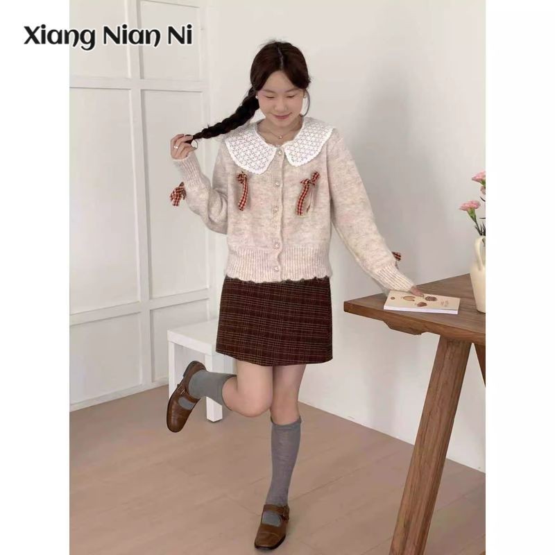Xiang Nian Ni คาร์ดิแกนคอปกลูกไม้น่ารักพร้อมโบว์โบว์และชุดกระโปรงจีบ ...