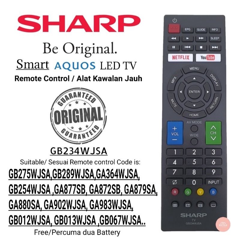 Original Sharp Aquos สมาร์ทแผงแบน Led TV รีโมทคอนโทรลพร้อม NETFLIX YouTube GB234WJSA | Shopee ...