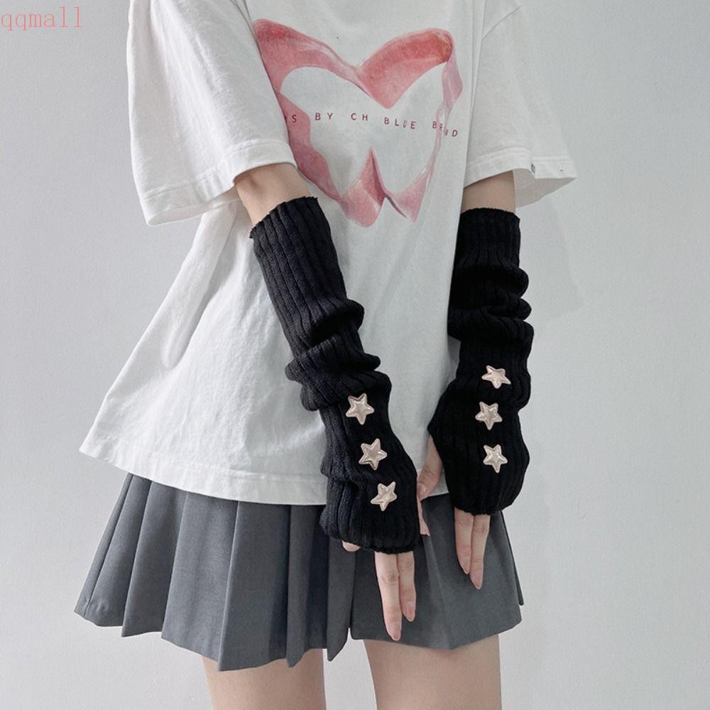 Qqmall Star ถักถุงมือ,สีทึบ Gothic แขนอุ่น, Casual Y2k JK Lolita สไตล์ขนสัตว์แขน Cuff หญิง ...